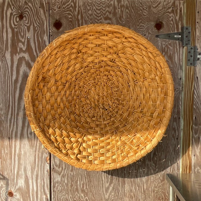 Vintage Coastal Monumental Woven Rattan Wall Plate | Chairish