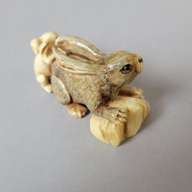 Japanese Carved Bone Rabbit Netsuke With Mother and Baby, Signed | Chairish