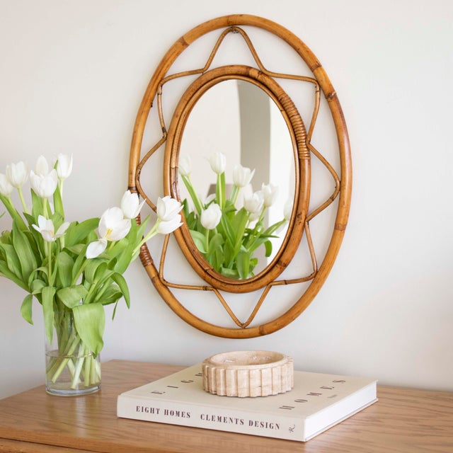 1960s Italian Rattan Oval Mirror | Chairish