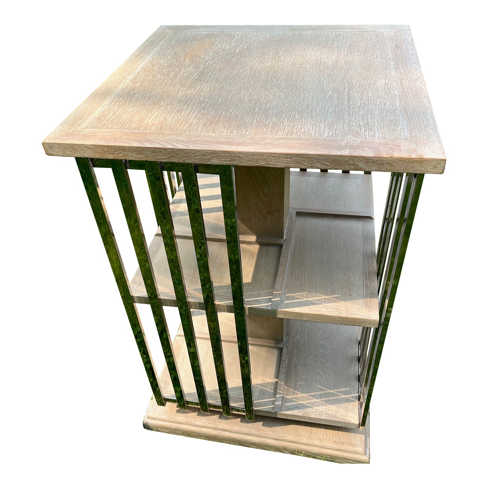 Revolving Bookcase Limed Oak With 20 Polished Steel Slats. Two Shelved ...