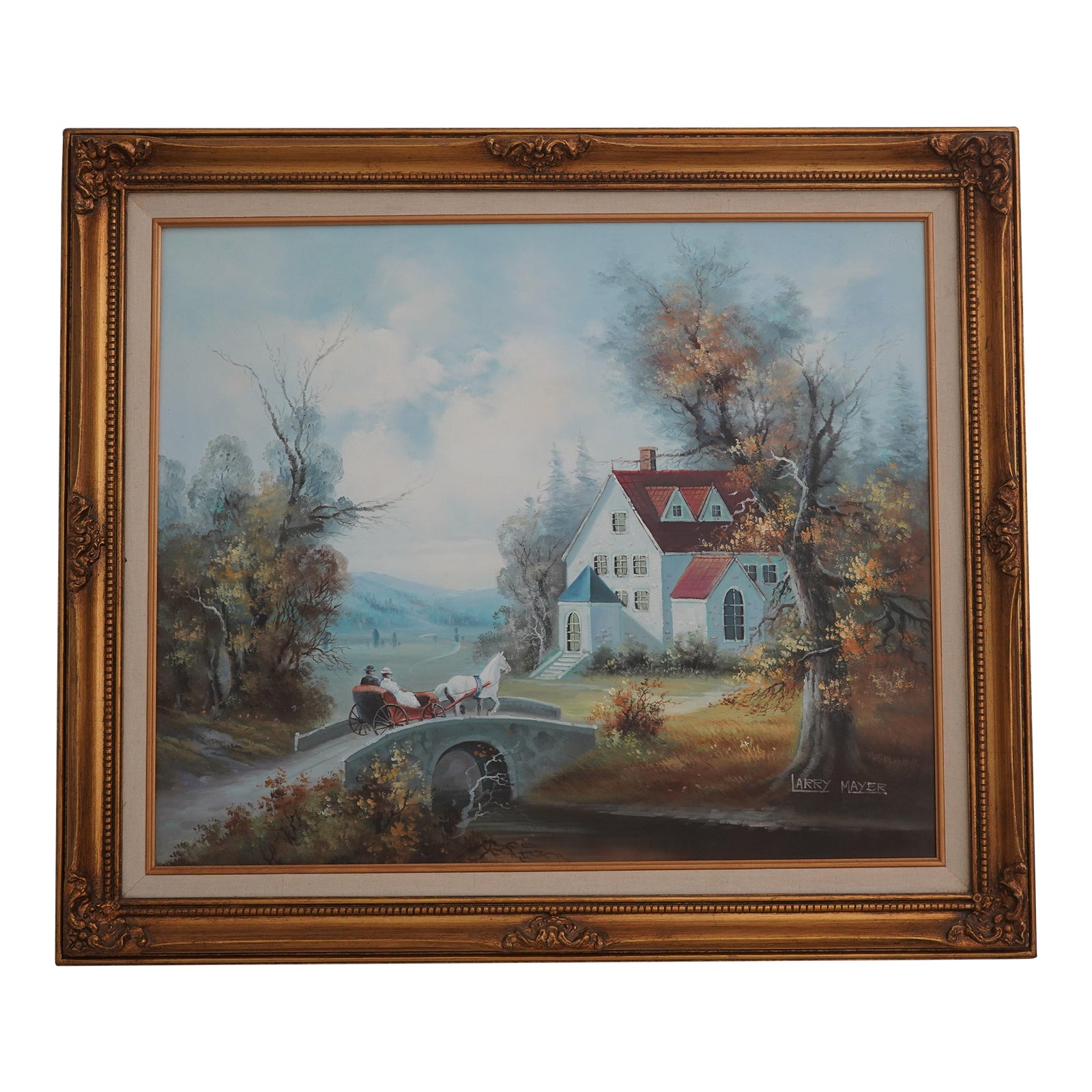 Larry Mayer Artist Signed Horse & Carriage on Bridge Oil Painting on ...