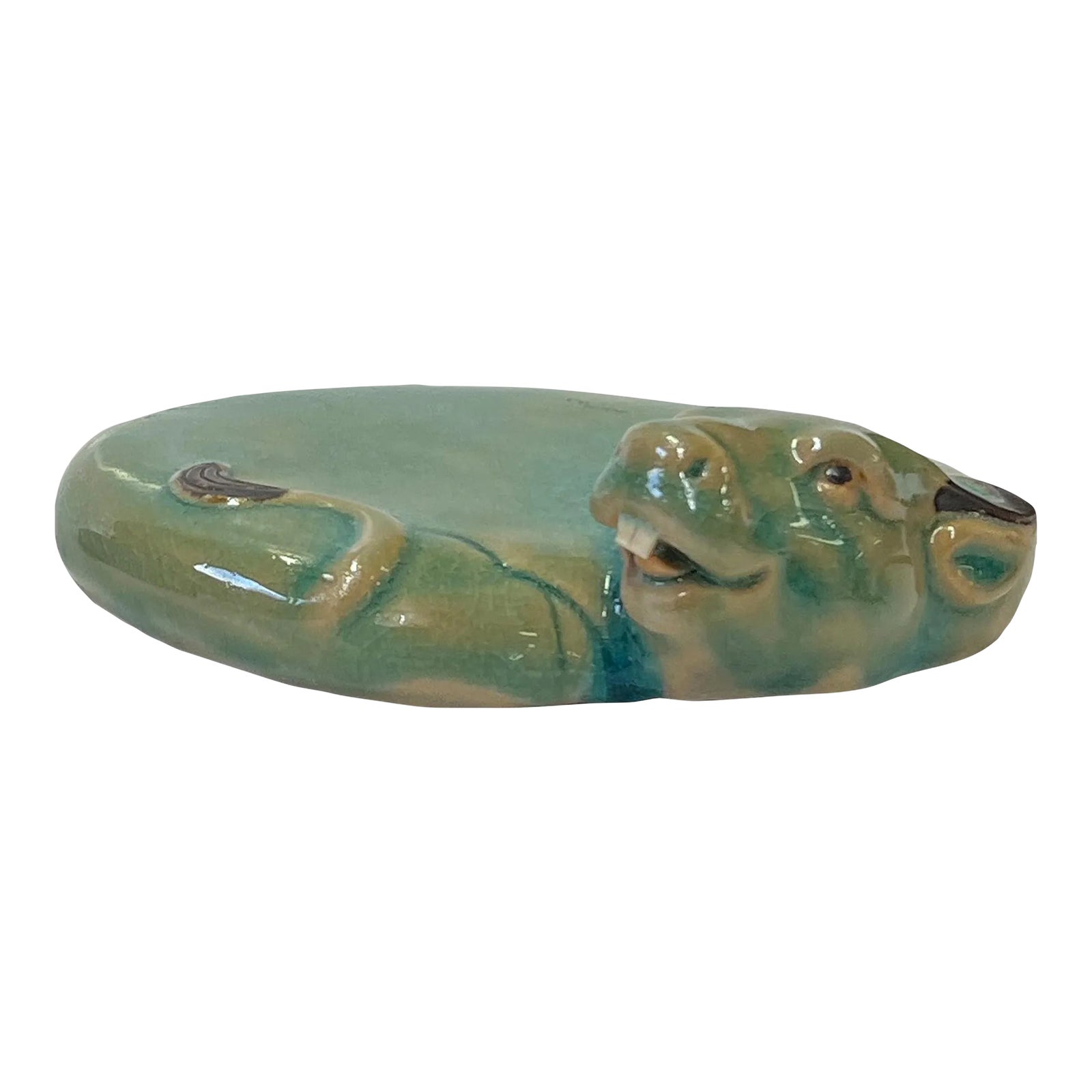 Chinese Ceramic Clay Celadon Turquoise Flat Ox Cow Shape Art Figure ...