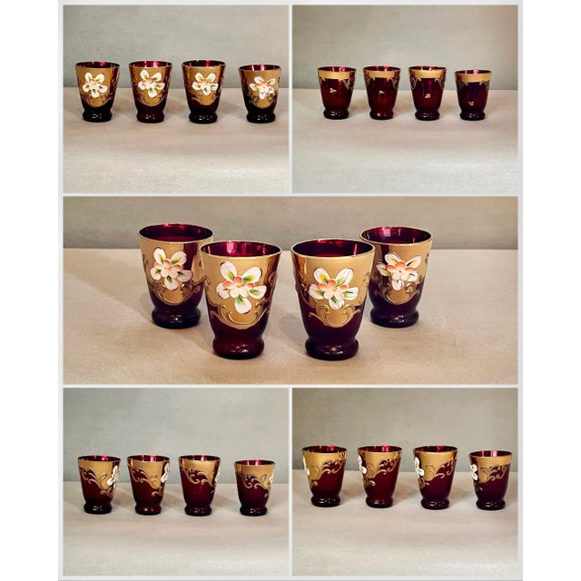 Vintage Ruby & Gold Glass Floral Decanter & Glass Set- 5 Pieces | Chairish