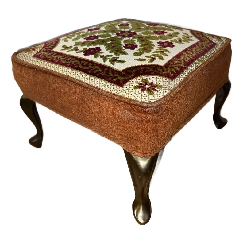 1950s Vintage Mid-Century Modern Mid Century Velvet Footstool Brass ...
