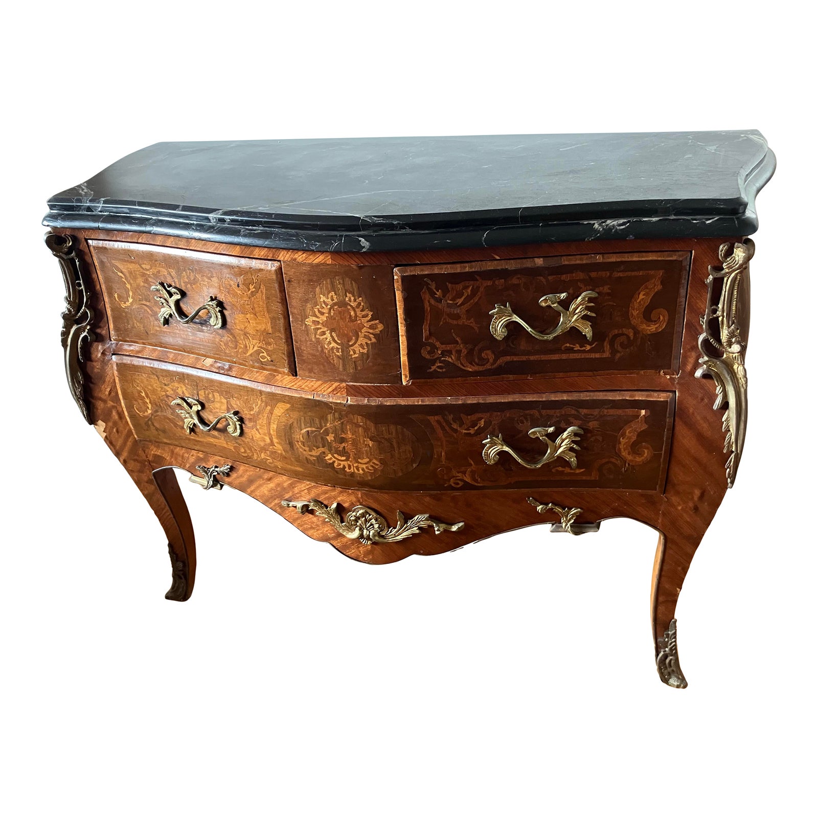 1950s Louis XIV French Style Bombe Chest With Inlaid Marquetry, Green Marble and 3 Drawers ...