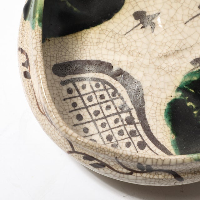 Mid-Century Modernist Hand-Painted Green Ceramic Oribe Bowl | Chairish