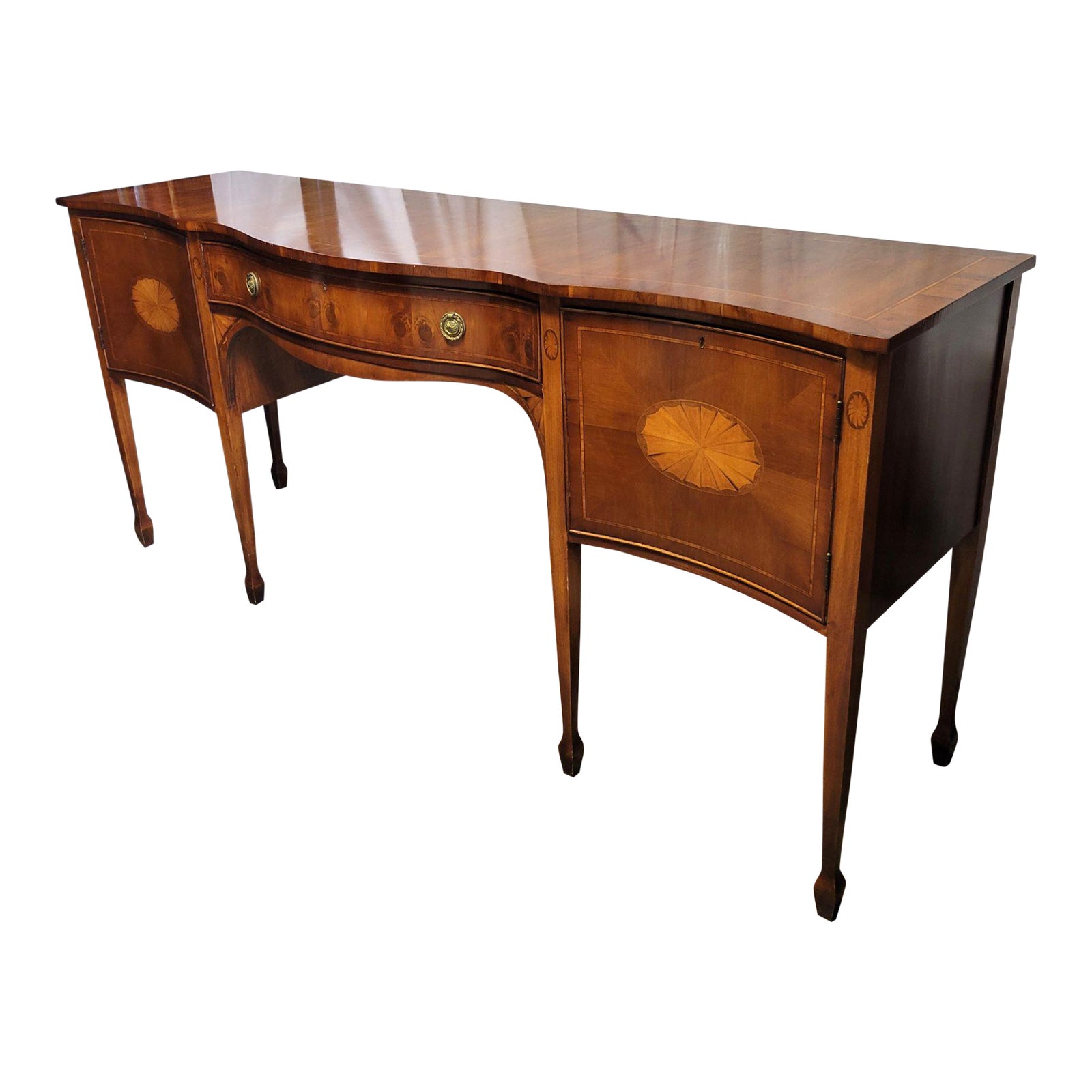 English Sheraton Style Yew Burl Wood Sideboard With Inlay | Chairish