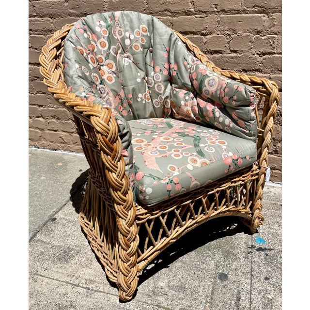 1970 Braided Wicker Barrel Lounge Chair With Cherry Blossom Upholstery ...