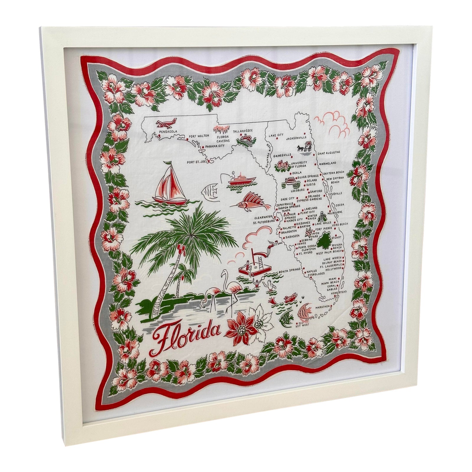Vintage Coastal White Framed Florida Handkerchief Textile Art | Chairish