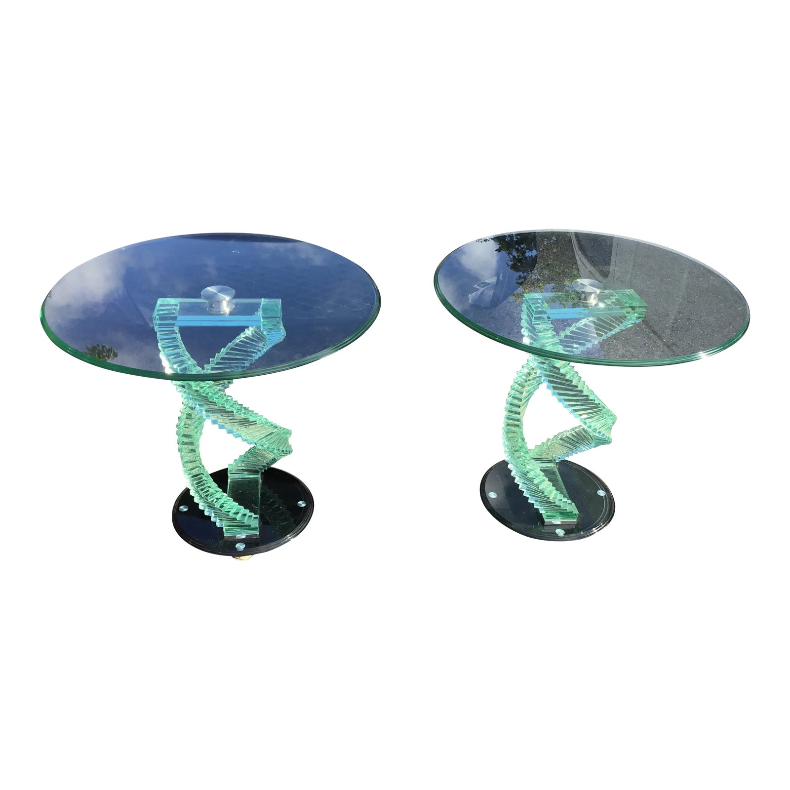 1990s Post Modern Green Glass and Black Base Side Tables - a Pair ...