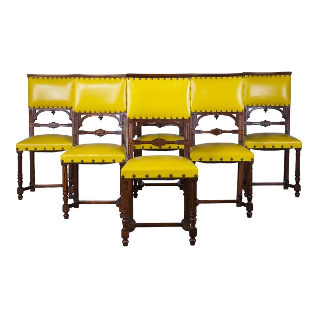 Antique French Henry II Style Walnut Dining Chairs W/ Yellow Vinyl ...