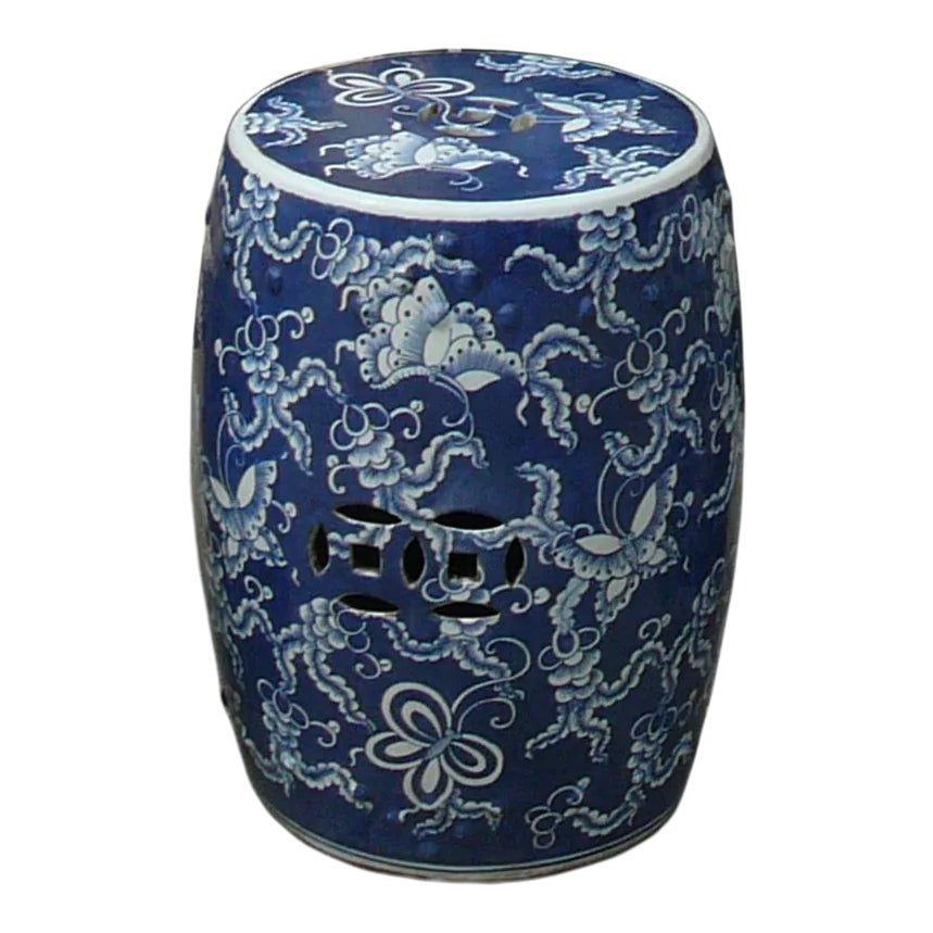 Chinese Blue & White Porcelain Round Butterflies Stool | Chairish