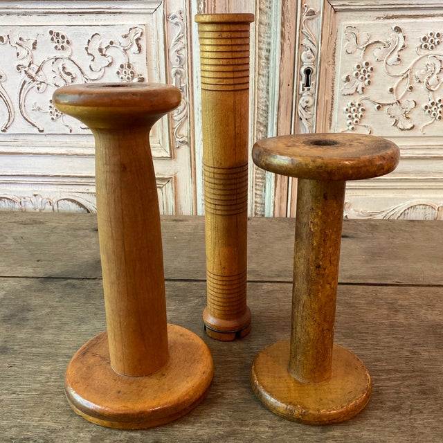 Antique Industrial Wood Textile Spools and Bobbin-Set of 3 | Chairish