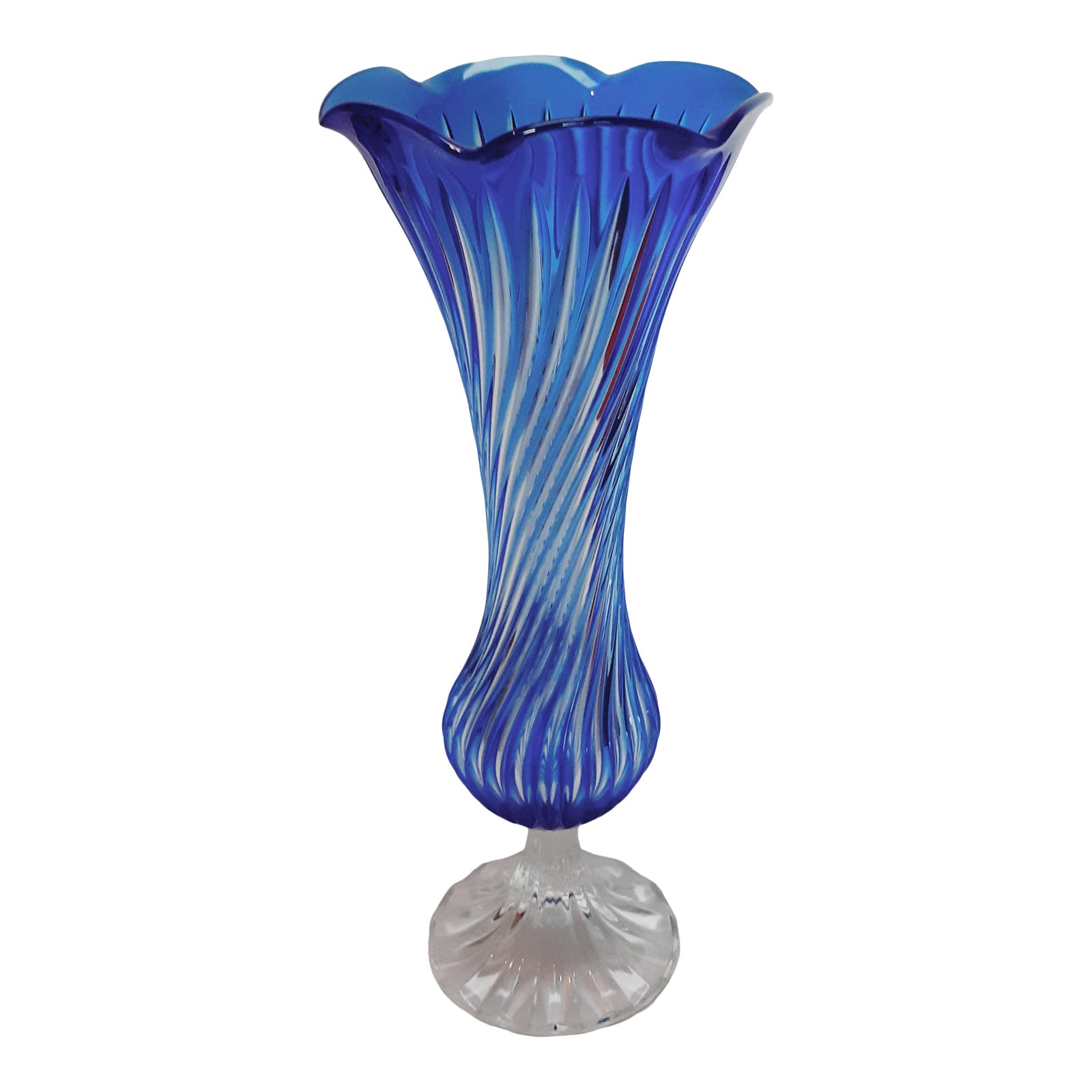 Vintage 1960's Cobalt Blue Ruffled Tall Footed Crystal Vase | Chairish
