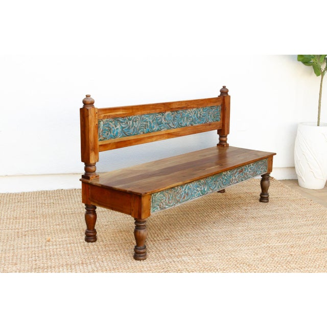 Reclaimed Wood Carved Aqua Beam Bench | Chairish