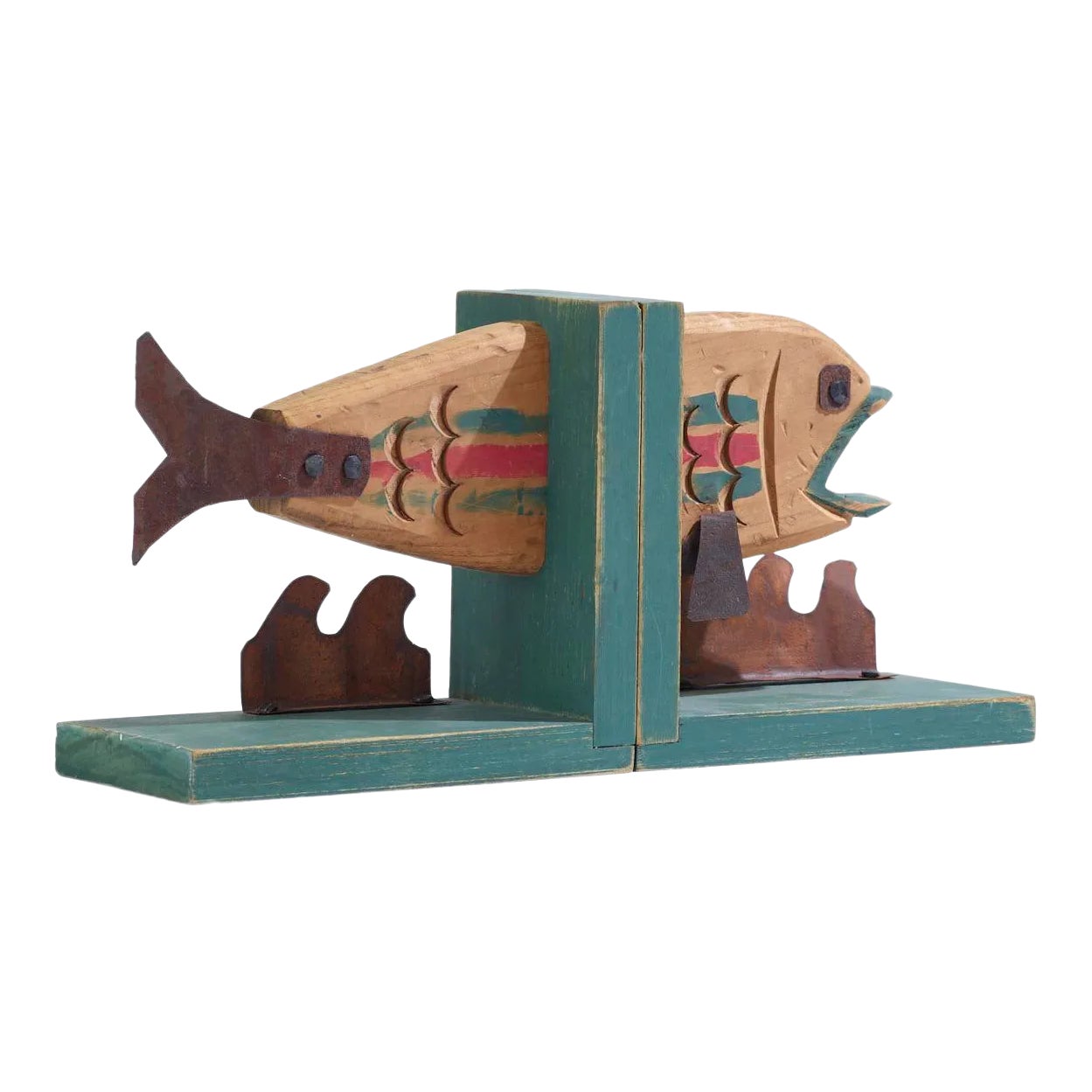 Vintage Rustic and Wood and Metal Fish Bookends - a Pair | Chairish