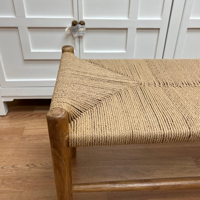 Natural Teak Wood and Rush Bench | Chairish