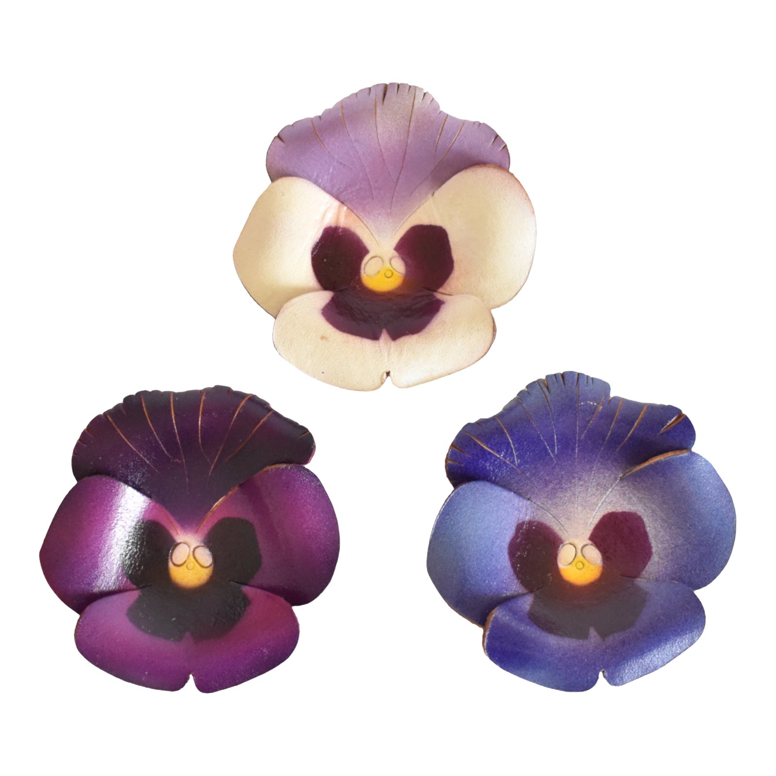 Trio of Handmade Leather Miniature Pansy Dishes | Chairish