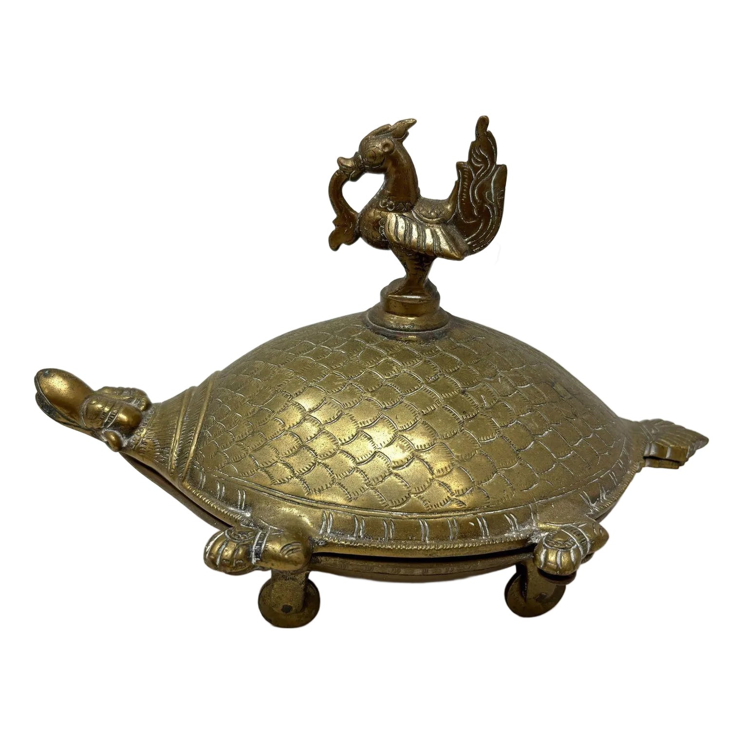 Brass Turtle Vintage Trinket Box With Peacock Finial | Chairish