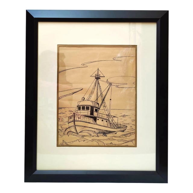 Pen and Ink Drawing Fishing Boat Nautical Art Framed | Chairish