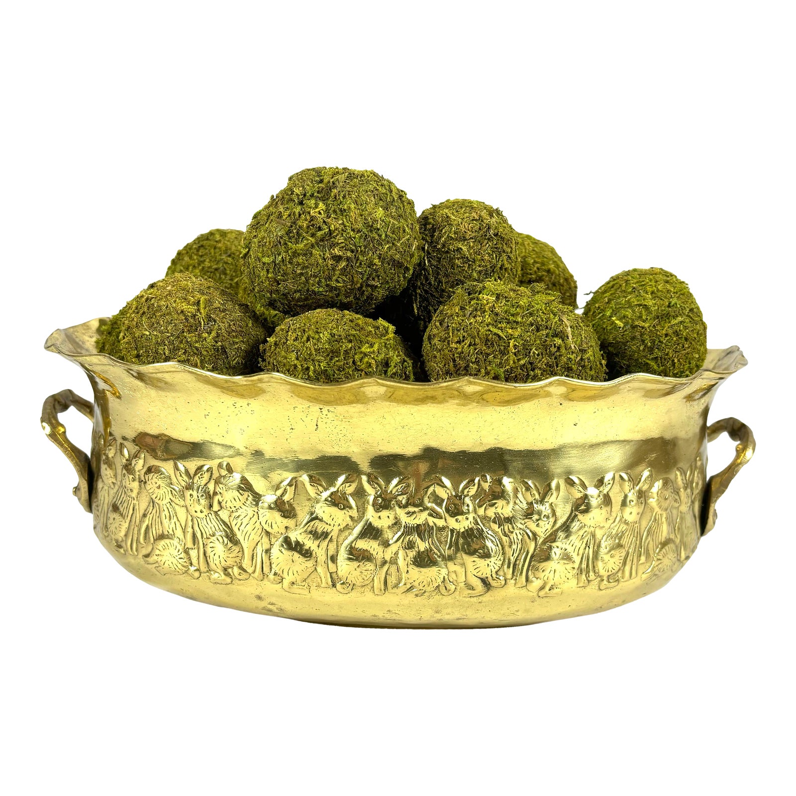 Vintage Polished Brass Decorative Bowl W/Embossed Bunnies and Foam Moss ...