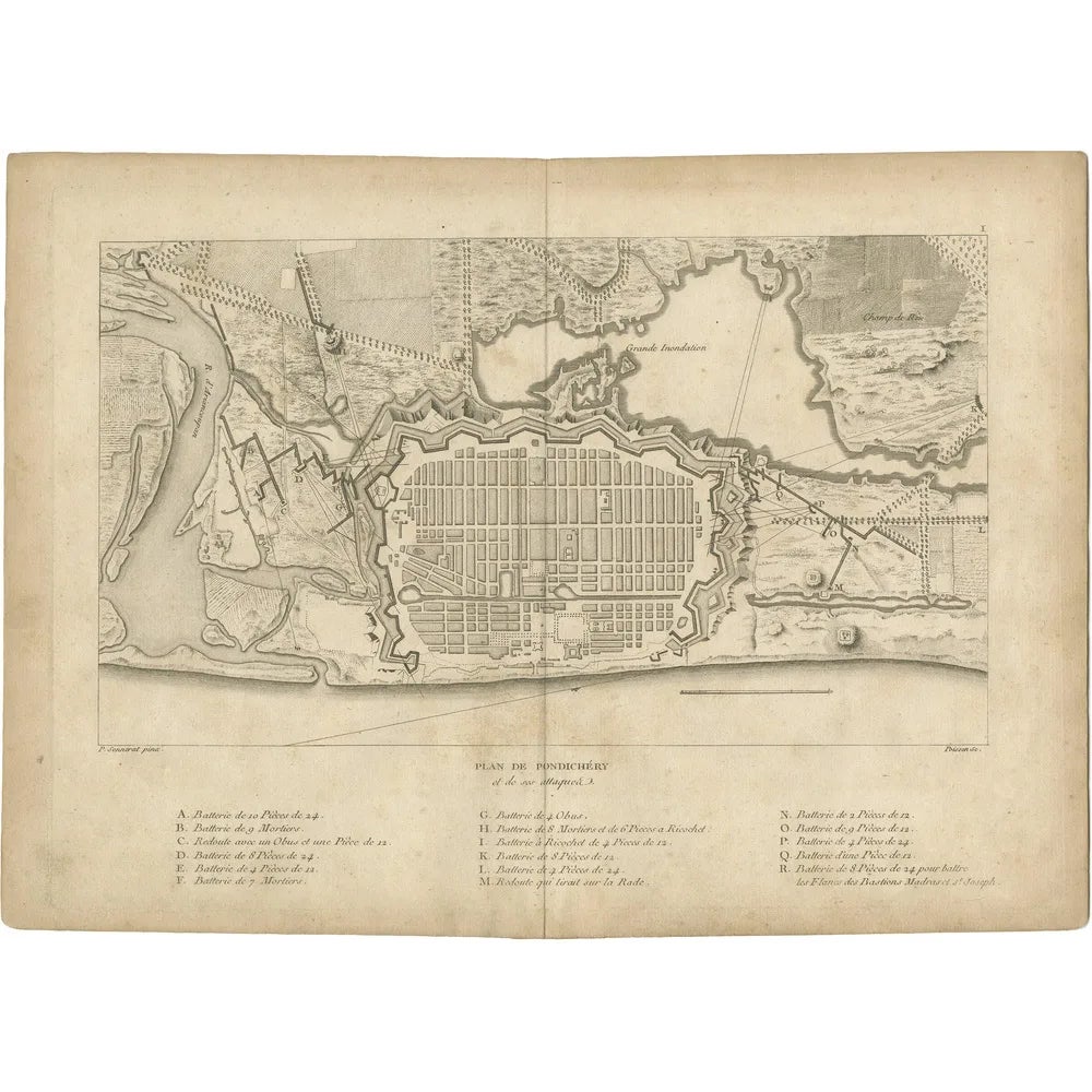 Plan of Pondicherry Fortifications and Attacks, 1750 | Chairish