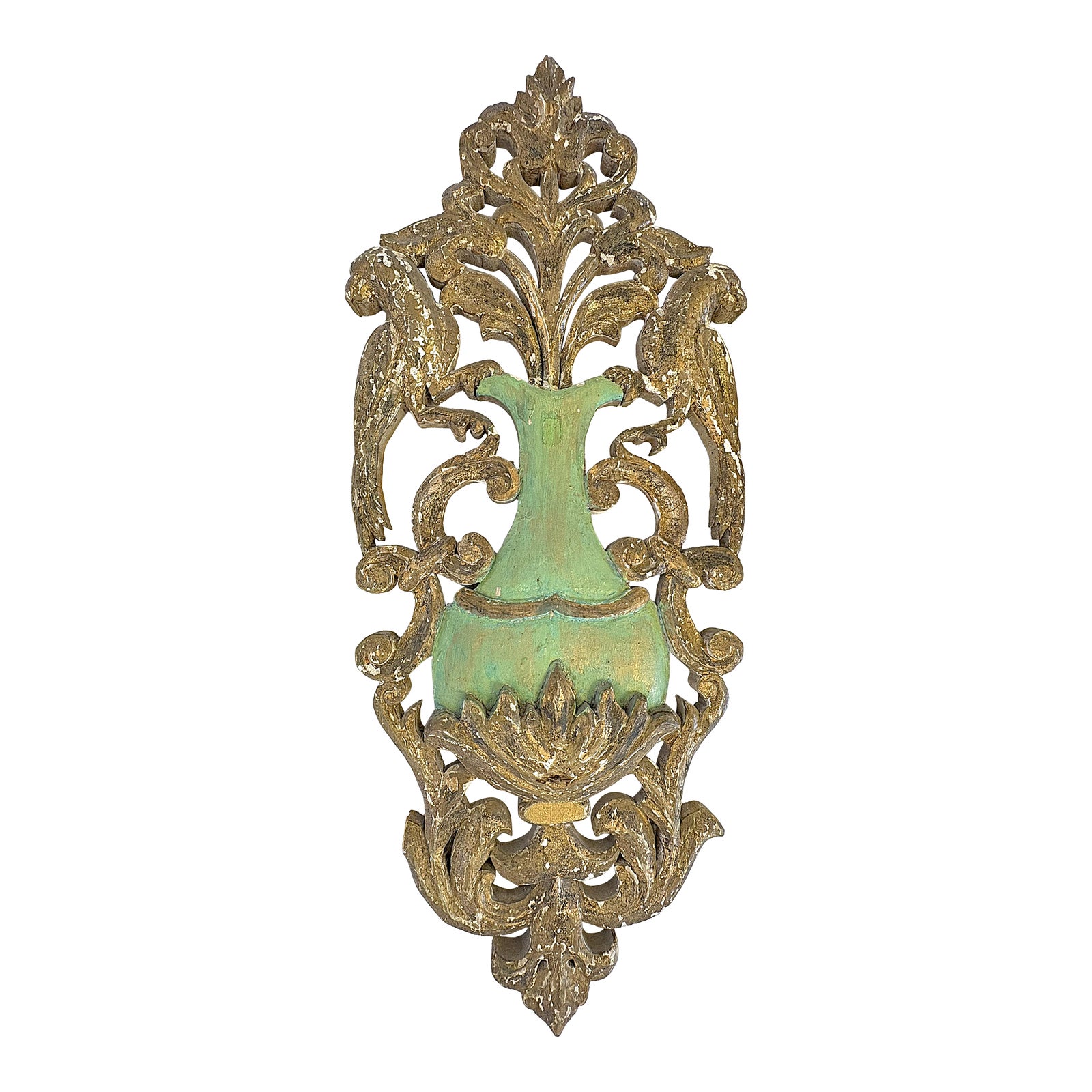 Vintage Distressed Wood Wall Decor 'Overflowing Vase With Birds' | Chairish