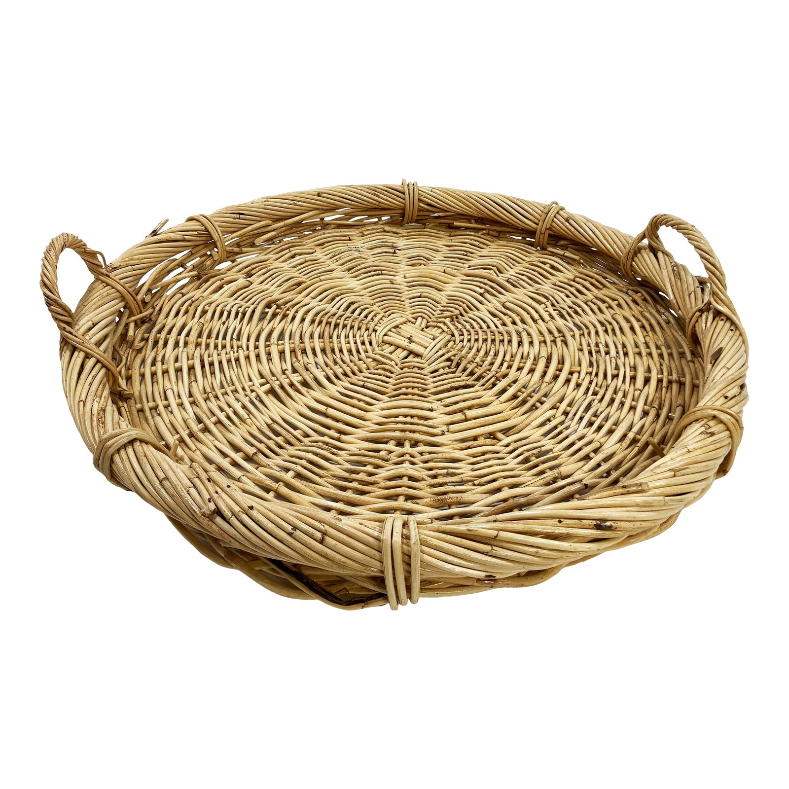 Vintage Large Round Wicker Basket Tray | Chairish