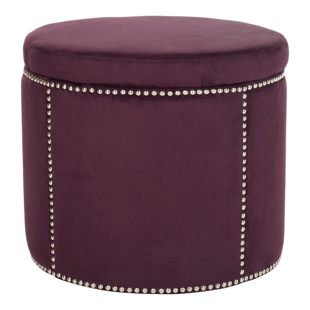 Round Studded Storage Ottoman in Plum | Chairish
