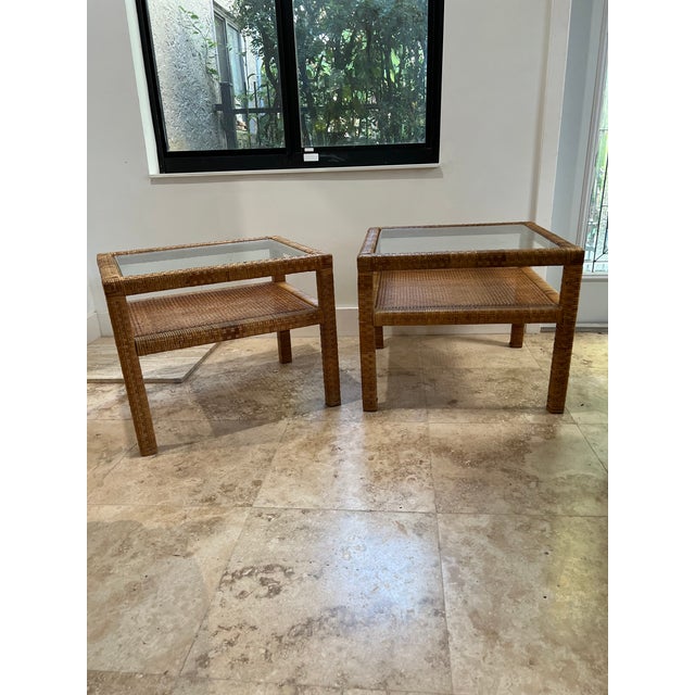 1970s Vintage Rattan Wrapped Side Tables With Glass Top - a Pair | Chairish