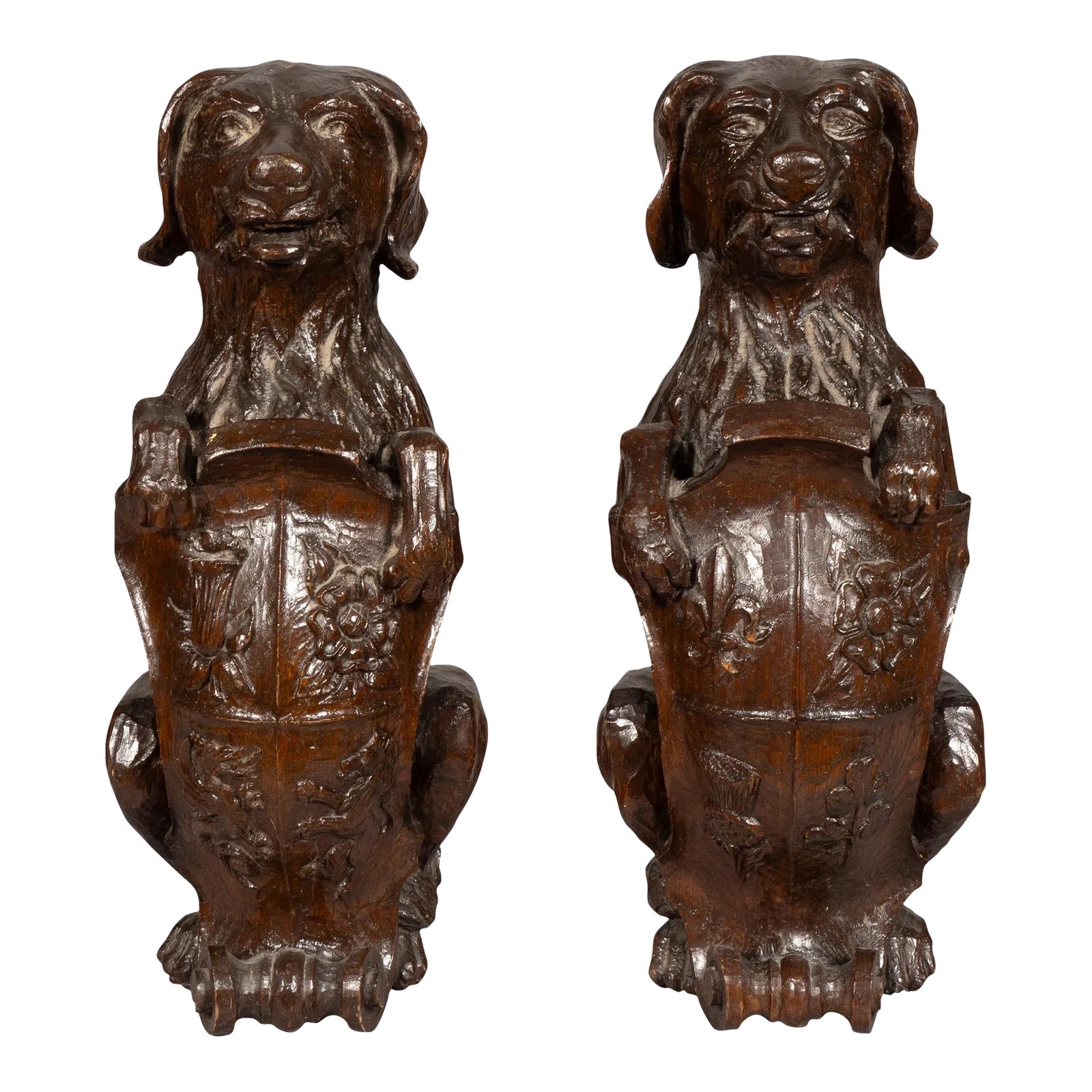 Carved Oak Figures Of Seated Dogs With Shields - a Pair | Chairish