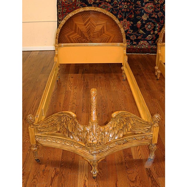 Pair of Swan Carved Paint Decorated & Inlaid Kingwood Twin Beds Circa ...