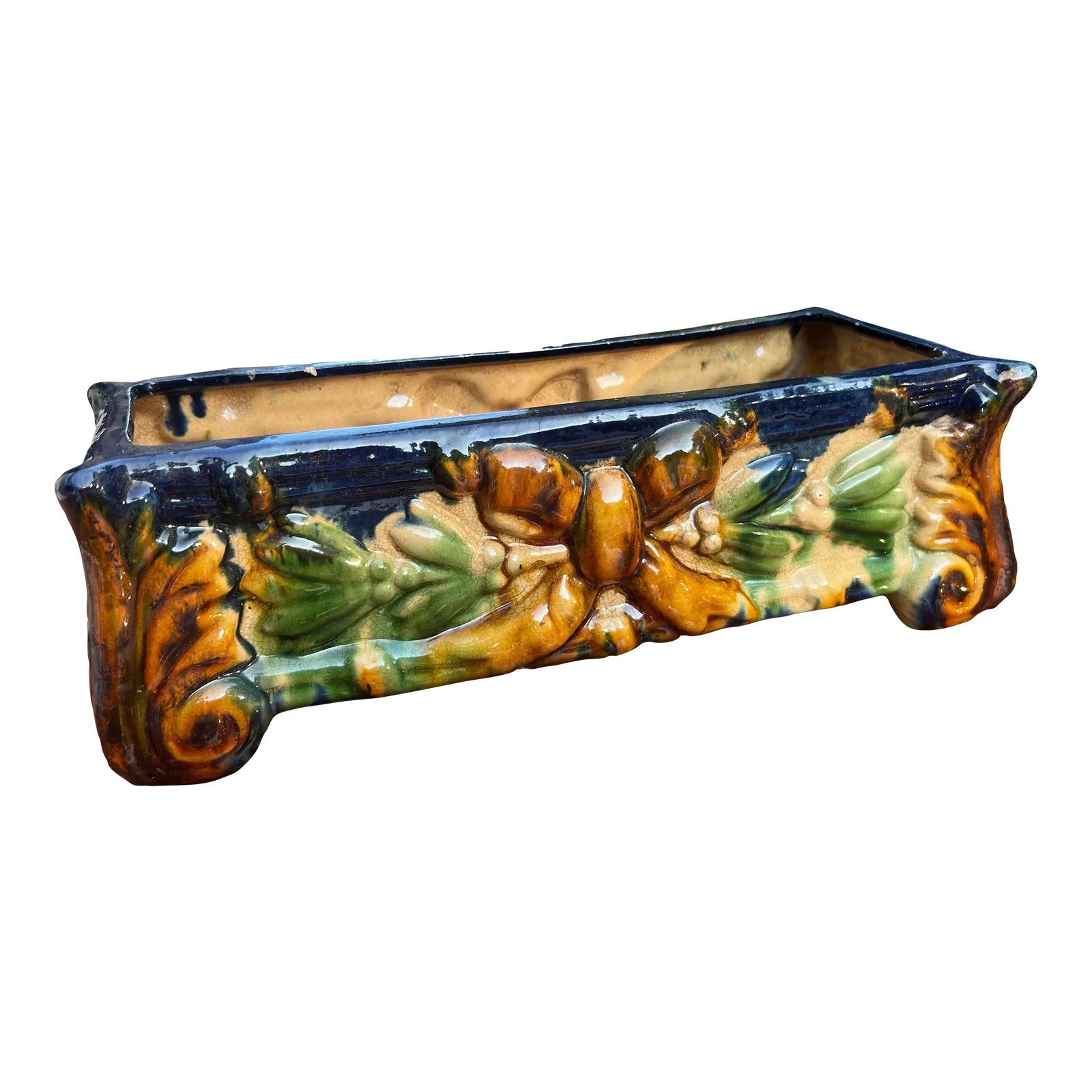 1970s Majolica Style Ceramic Rectangular Planter | Chairish