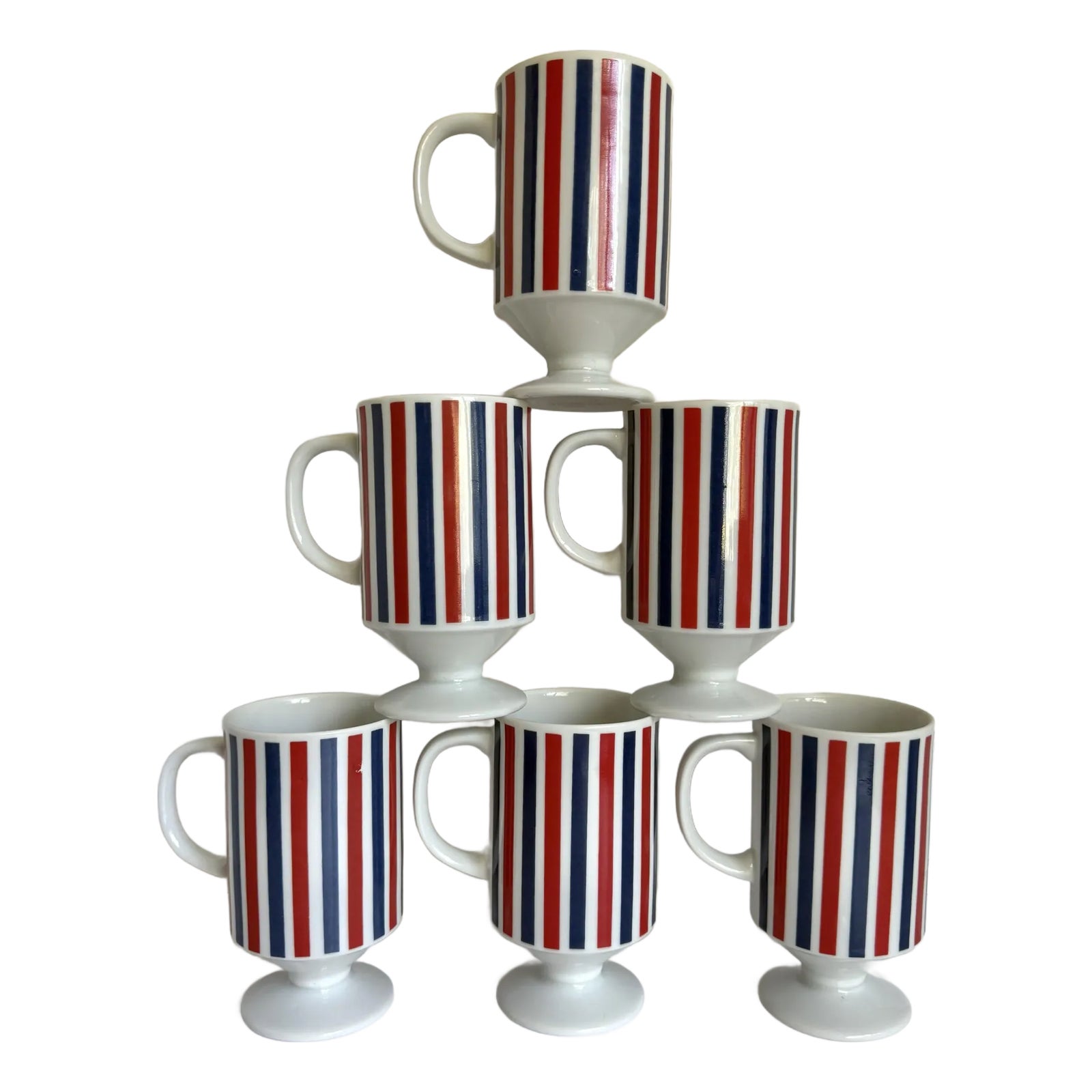 Set of 6 MCM Red and Blue Striped Footed Mugs Made in Japan | Chairish
