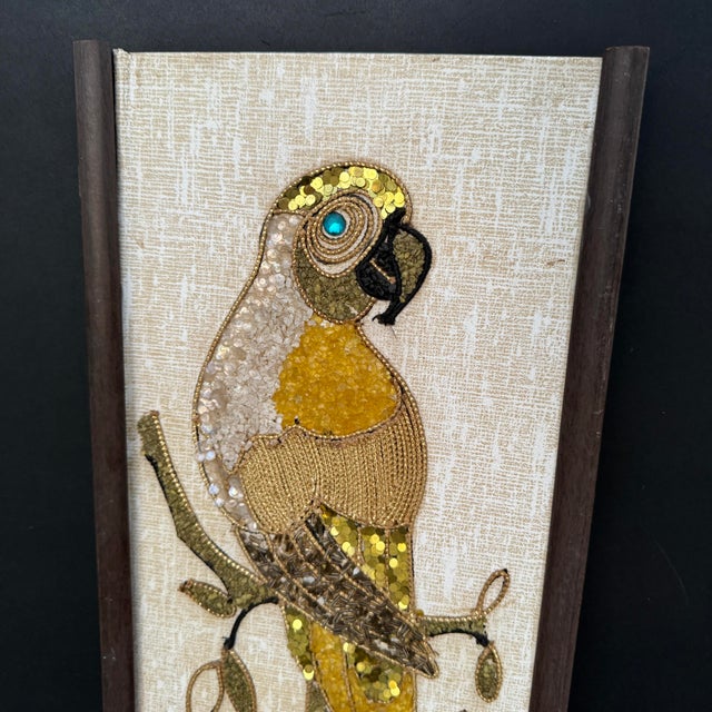 Mid Century Modern Gravel Art of Two Parrots Perched on a Branch | Chairish