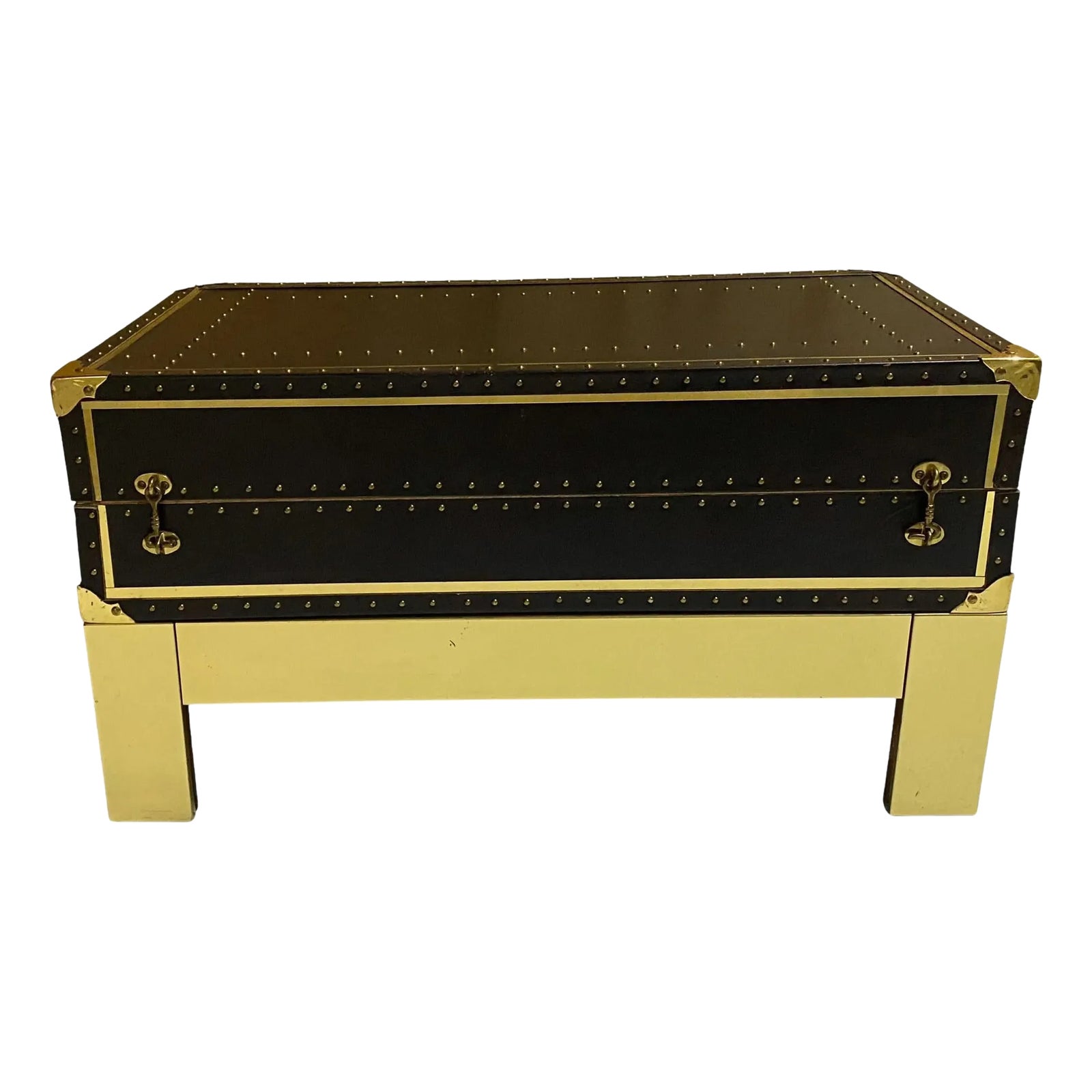 Sheik Campaign Style 1970s Brass Studded Leather Trunk on Brass Stand ...