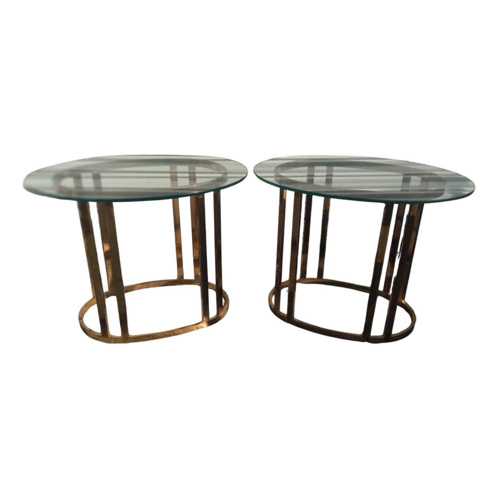 Late 20th Century Pair of Brass And Glass Oval Shaped End Tables | Chairish