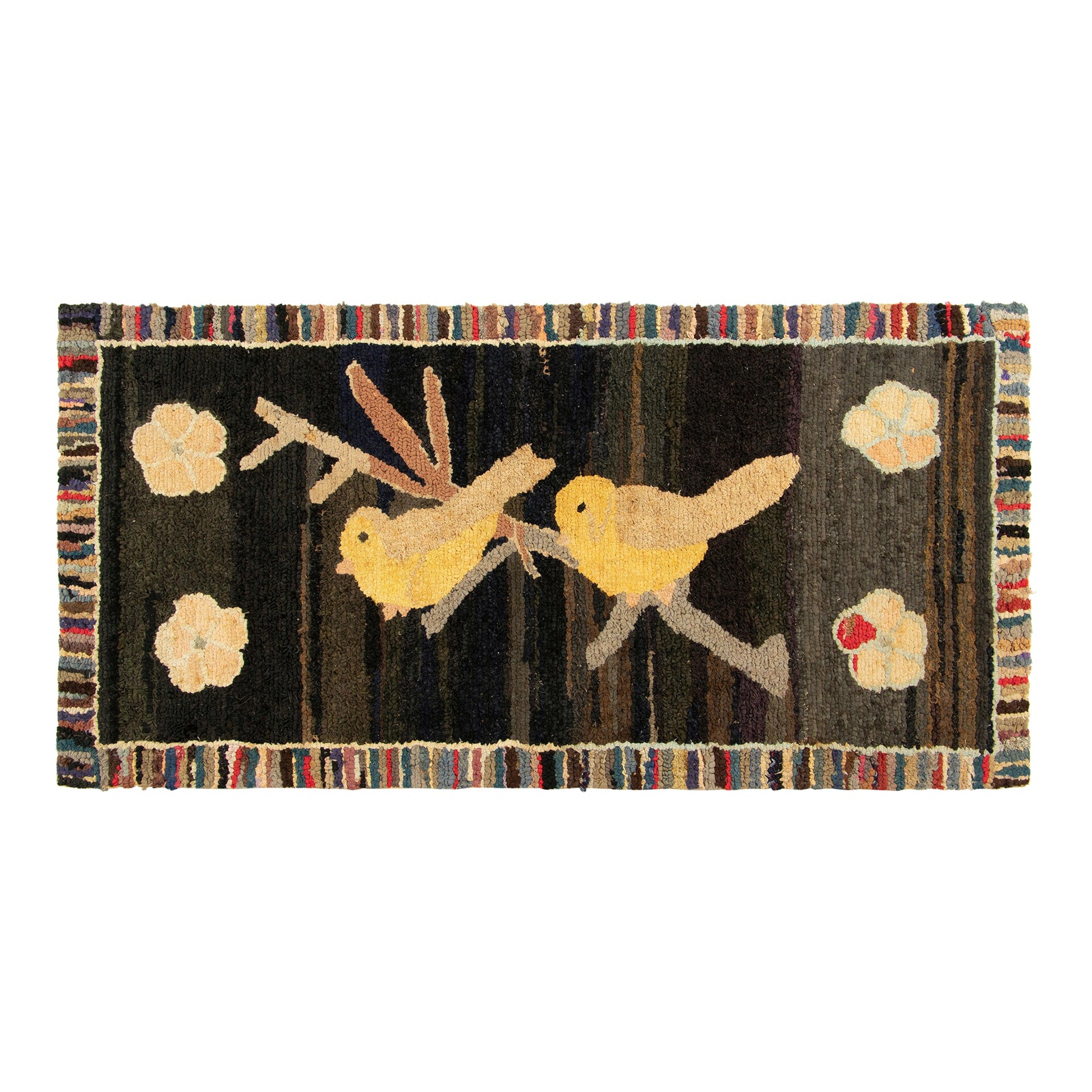 Antique Framed Hooked Rug, Brown With Yellow Bird Pictorials - Rug ...