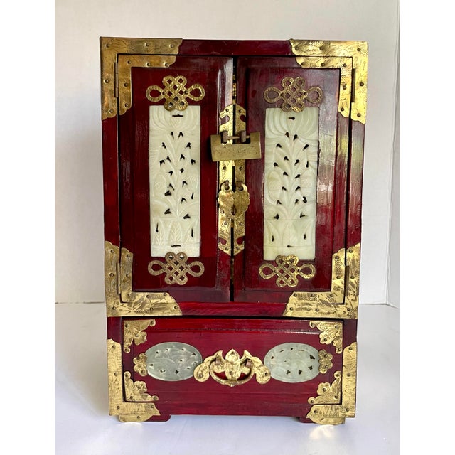 Antique Asian Chinese Wood and Carved Jade Jewelry Box | Chairish