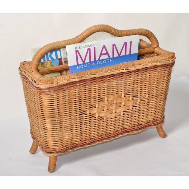 1960 Rattan Bamboo Handwoven Magazine Rack Newspaper Basket | Chairish