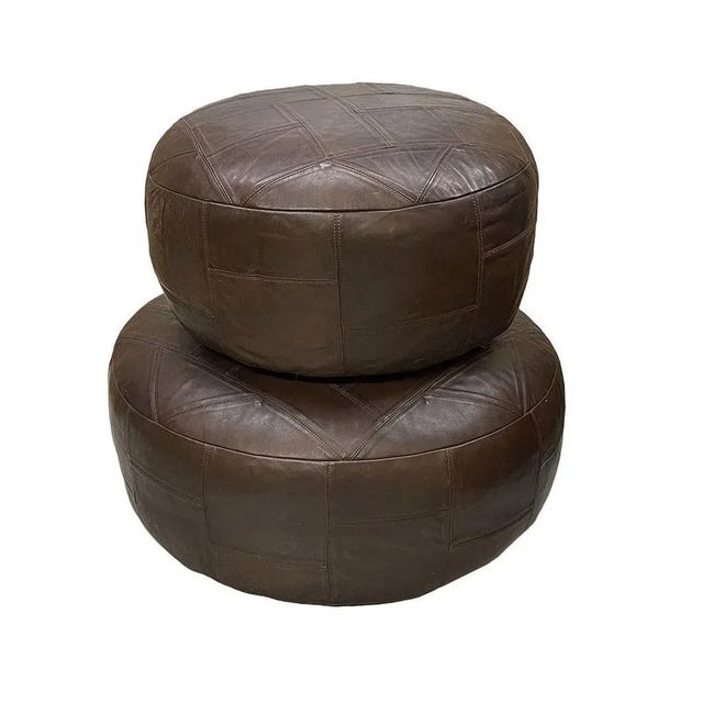 Large and Small Brown Leather Poufs, 1970s, Set of 2 | Chairish