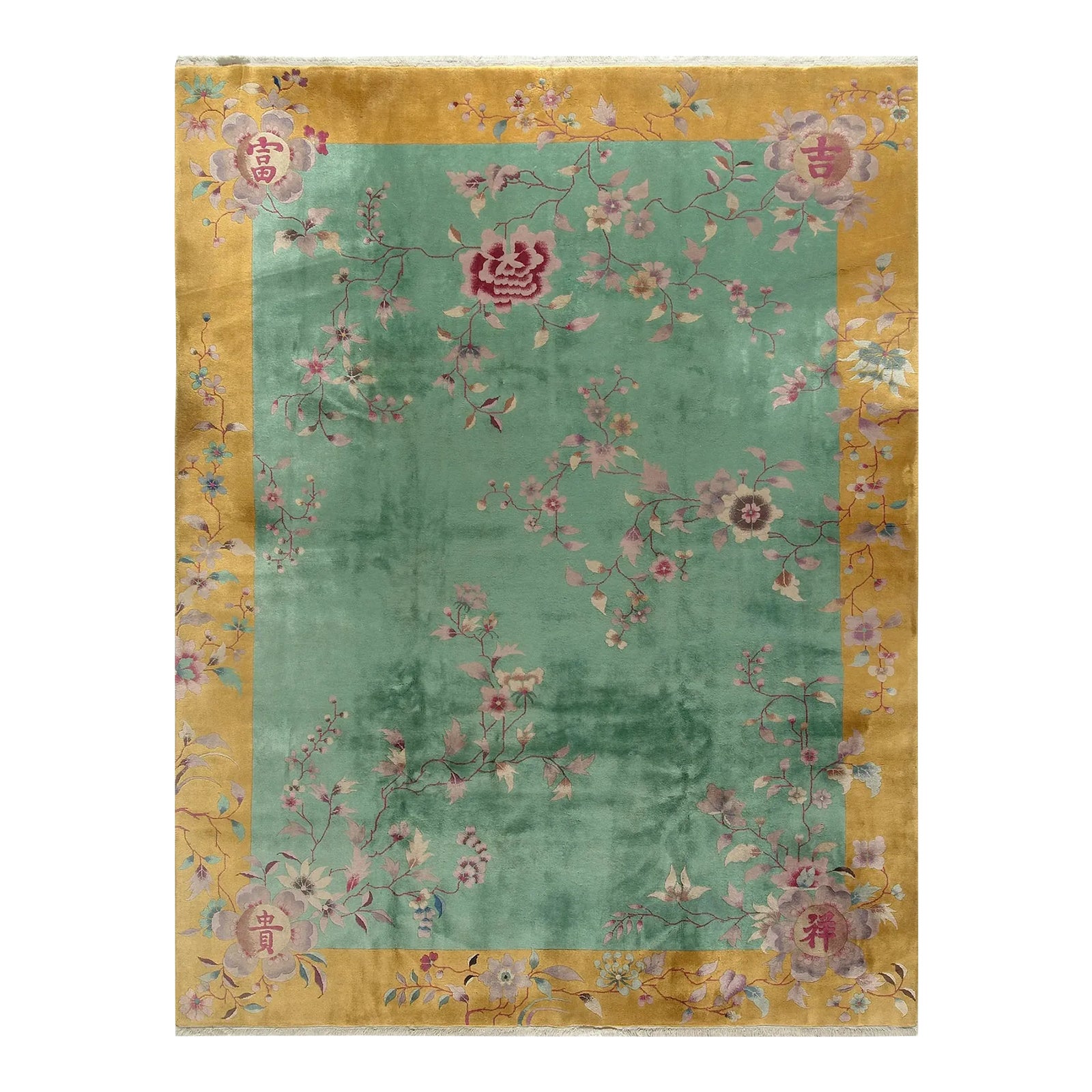 Green and Yellow Gold Floral Vintage Chinese Art Deco Area Rug 8'10" X ...