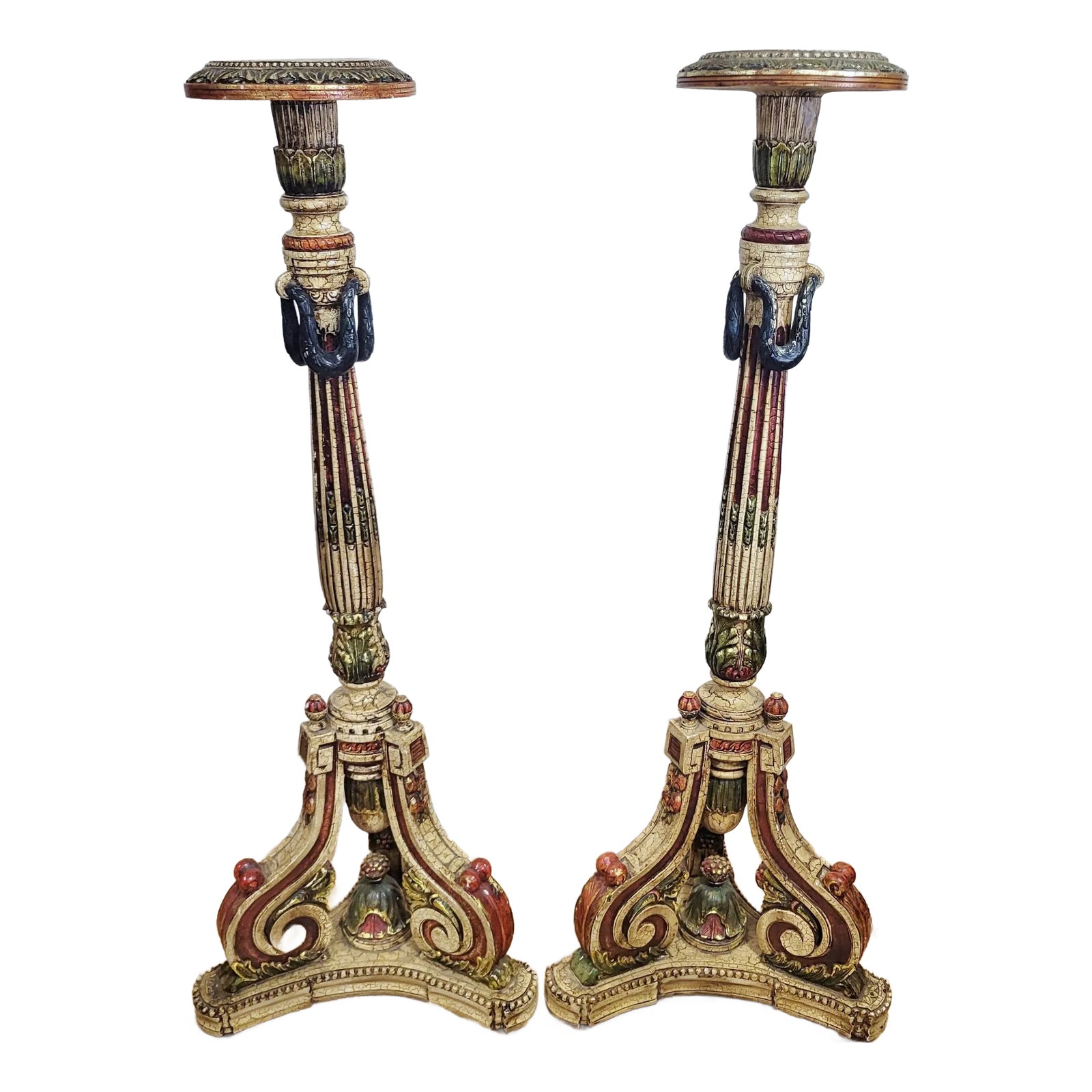 Pair of Italian Venetian Style Polychrome Painted Carved Wood Pedestal ...
