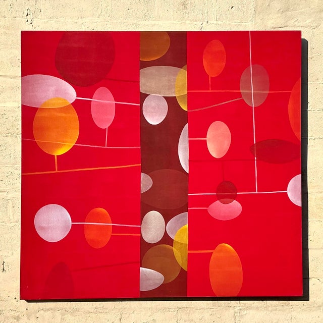 Vintage Boho Geometric Abstract Oil Painting on Canvas | Chairish