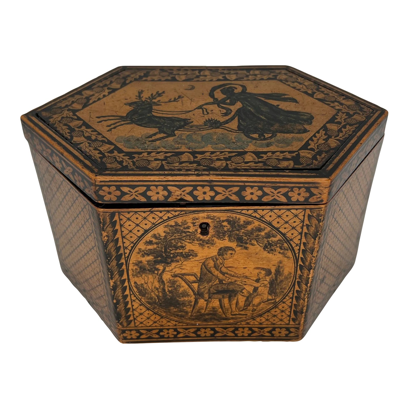 C. 1870 Antique English Tunbridge Ware & Penwork Regency Tea Caddy Box ...