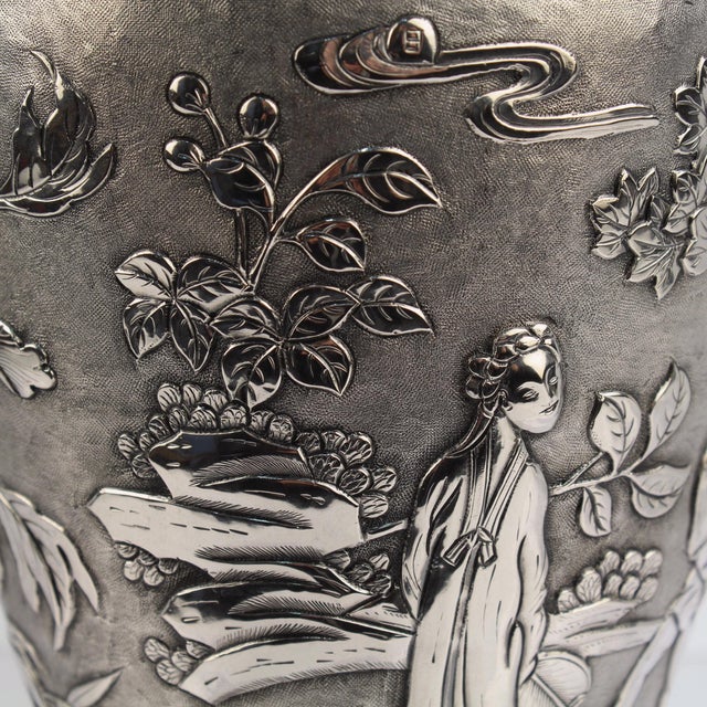 Antique Signed Chinese Export Sterling Silver Vase With Landscape and ...