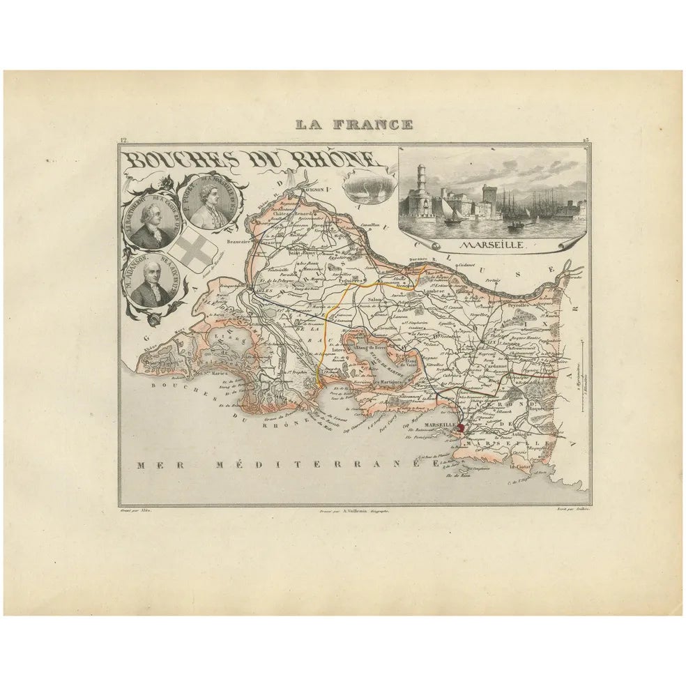 Map of Bouches-Du-Rhône France with Marseille and Rhône Delta, 1800s ...