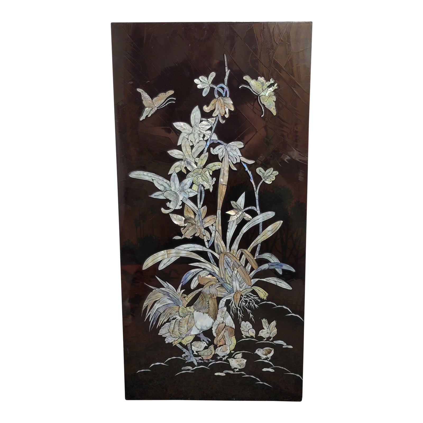 Vietnamese Mother-of-Pearl Inlay Lacquer Panel With Rooster, Orchids ...