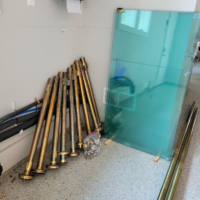 1980s Floating Glass Panels With Brass Handrails and Floor Mounts - Set ...
