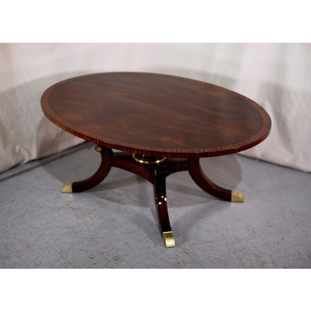 1950s Traditional Banded Mahogany Oval Pedestal Coffee Table by Charak ...